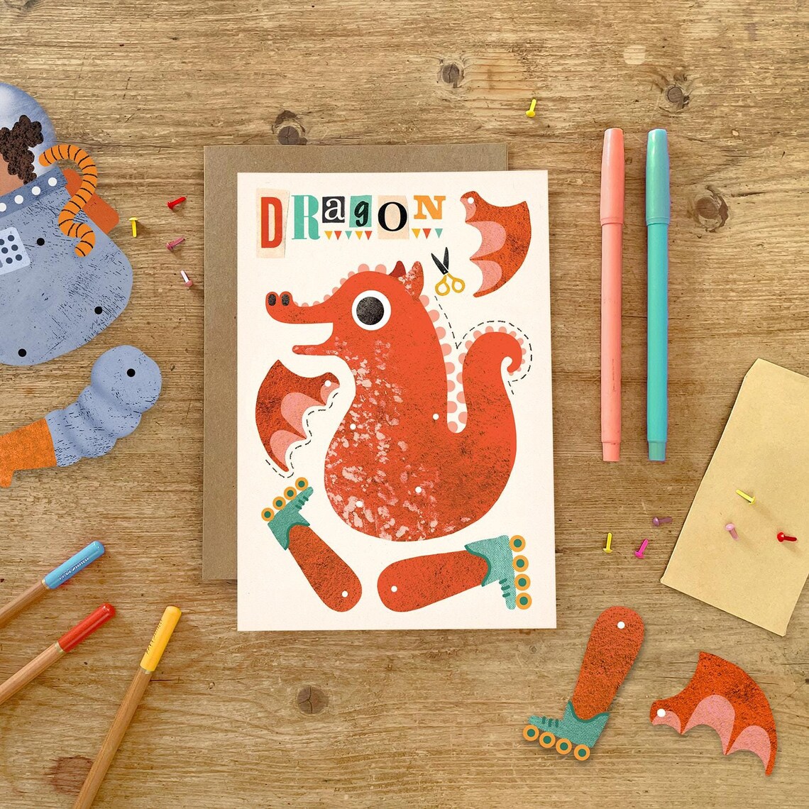 Dragon Birthday Card / Split Pin Puppet A5 Greeting Card / Children's ...