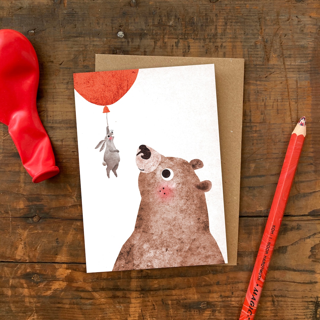 Bear and Bunny Floating Birthday Card | Illustrated A6 Rabbit & Balloon ...