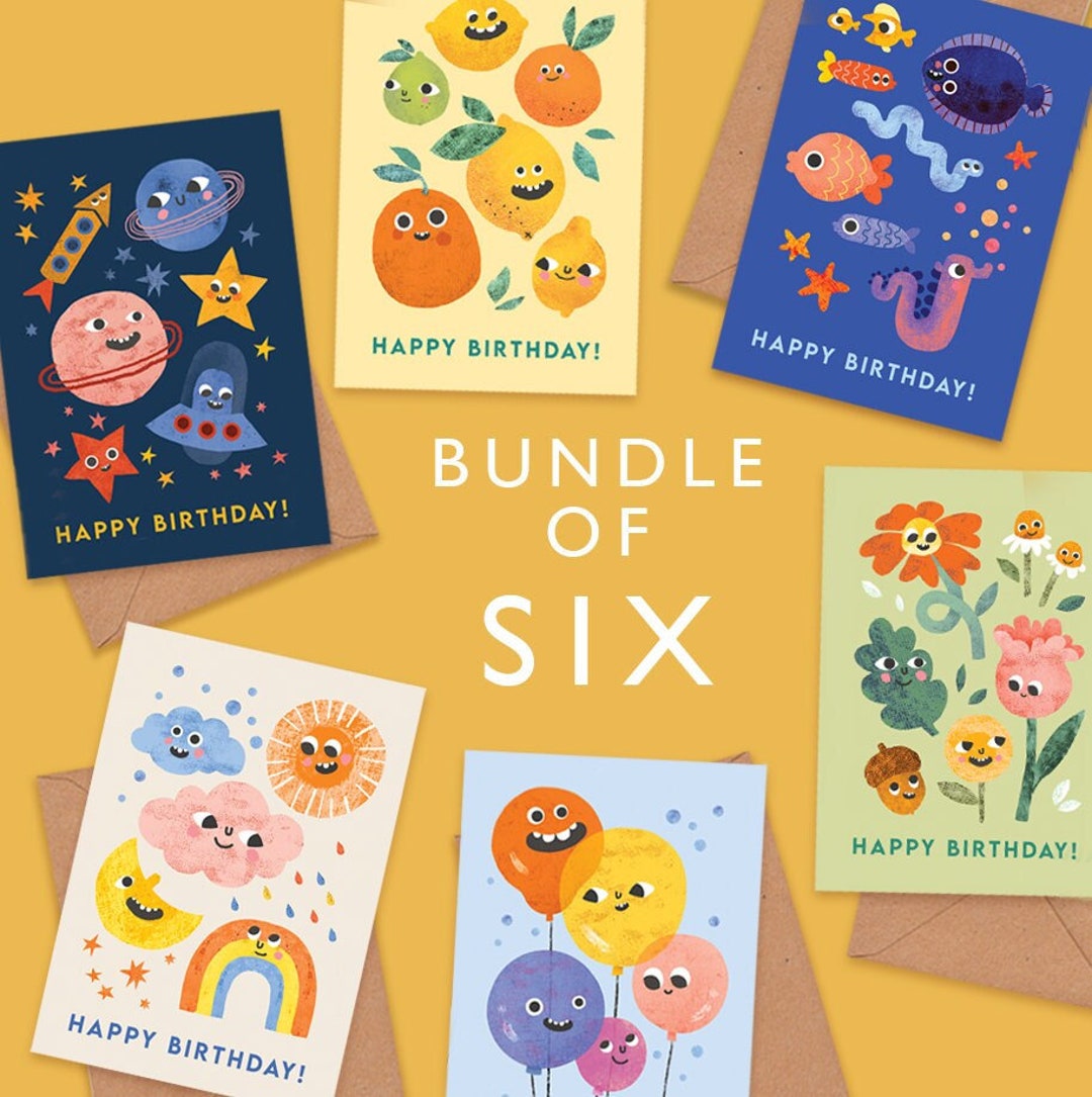 Bundle of Six Funny Faces Birthday Cards / Pack of Kids or Adults Cards ...