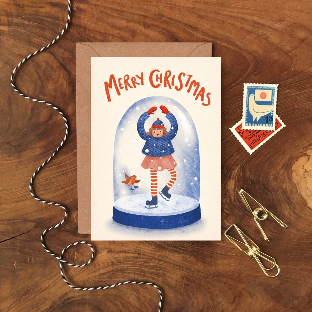 Ice Skater Snow Globe Christmas Card / Illustrated Cute Character ...