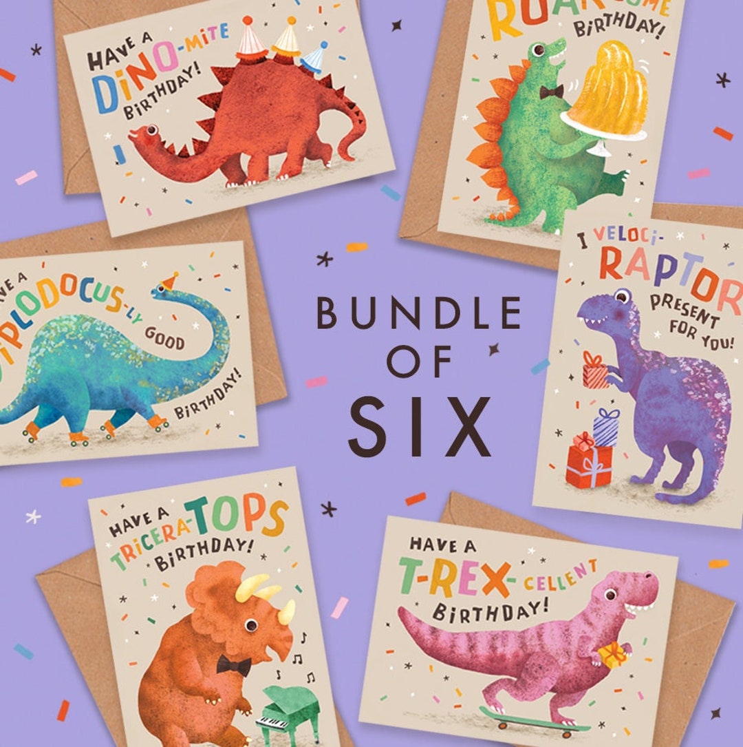 Bundle of Six Dinosaur Birthday Cards, Pack of Dino Pun Cards in 6 ...