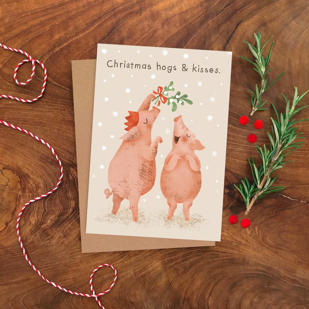 Christmas Hogs & Kisses Greeting Card / Illustrated Holiday Greetings ...