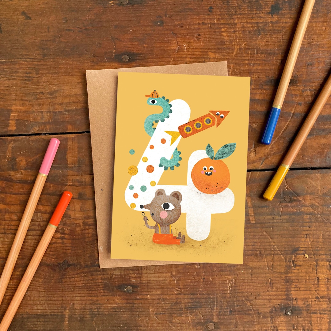 Age Four Crazy Critters Birthday Card / 4 Year Old Greeting - Etsy