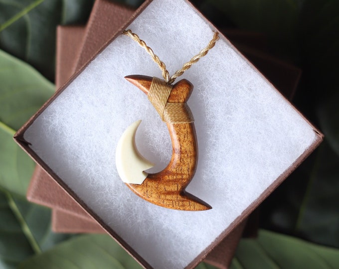 Large Koa Fishhook Necklace With Cow Bone Tip gift for Dad - Etsy