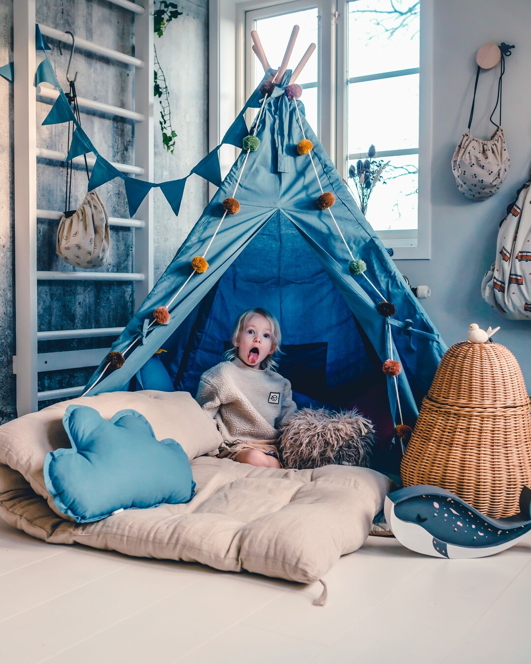 Denim Blue Kids Teepee Tent: Montessori Indoor Hideaway With Window - Etsy