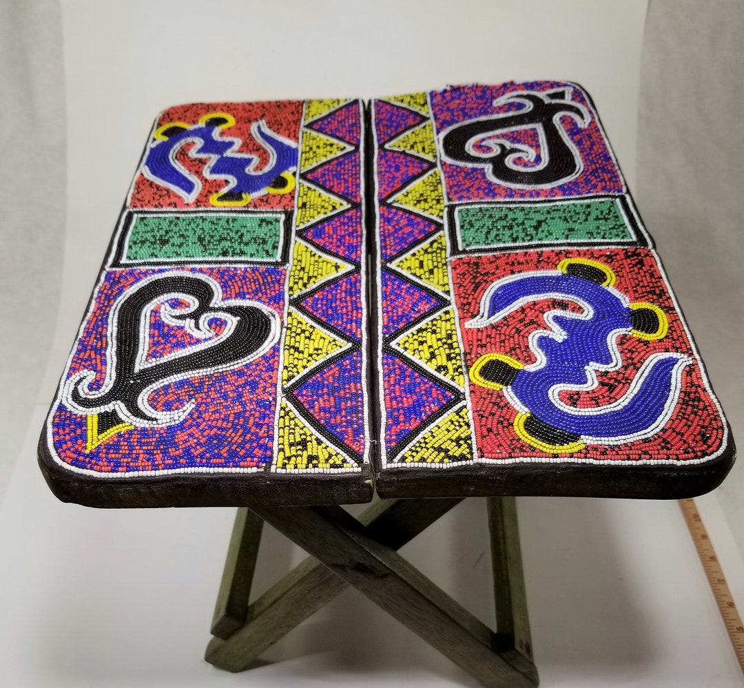 Folding Hand Beaded African Wood Table Adinkra Symbols Gye Nyame ...