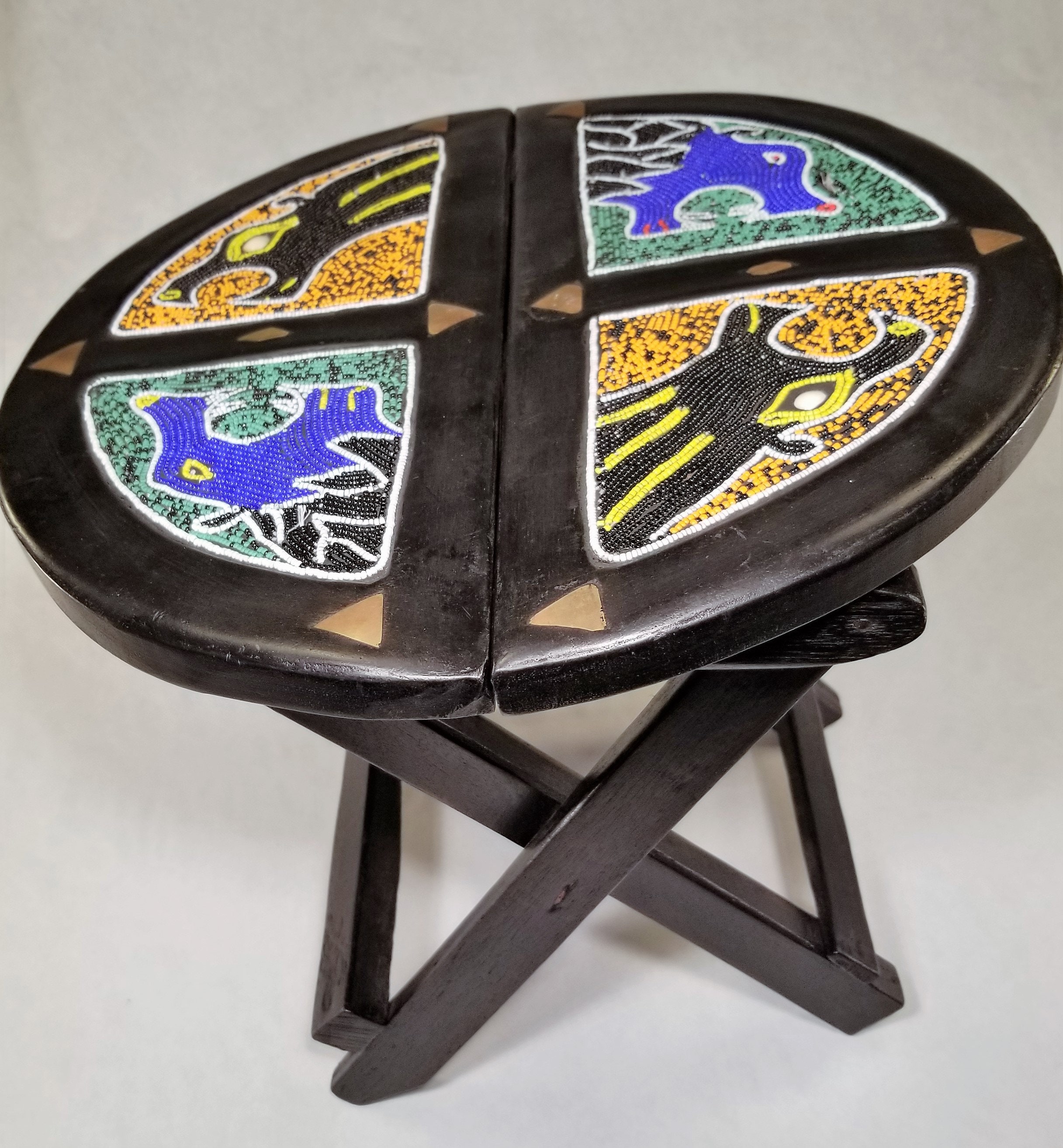 Folding Hand Beaded African Wood Table, Brushed Metal Accent, Mythical ...