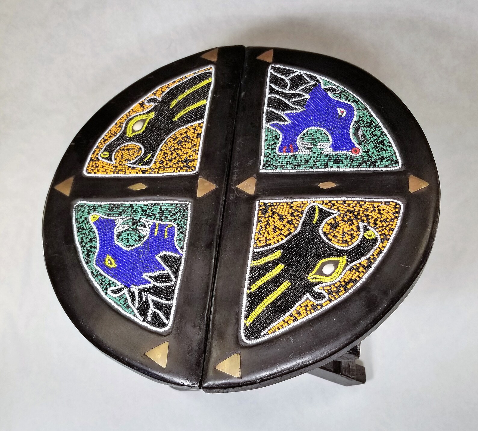 Folding Hand Beaded African Wood Table, Brushed Metal Accent, Mythical ...