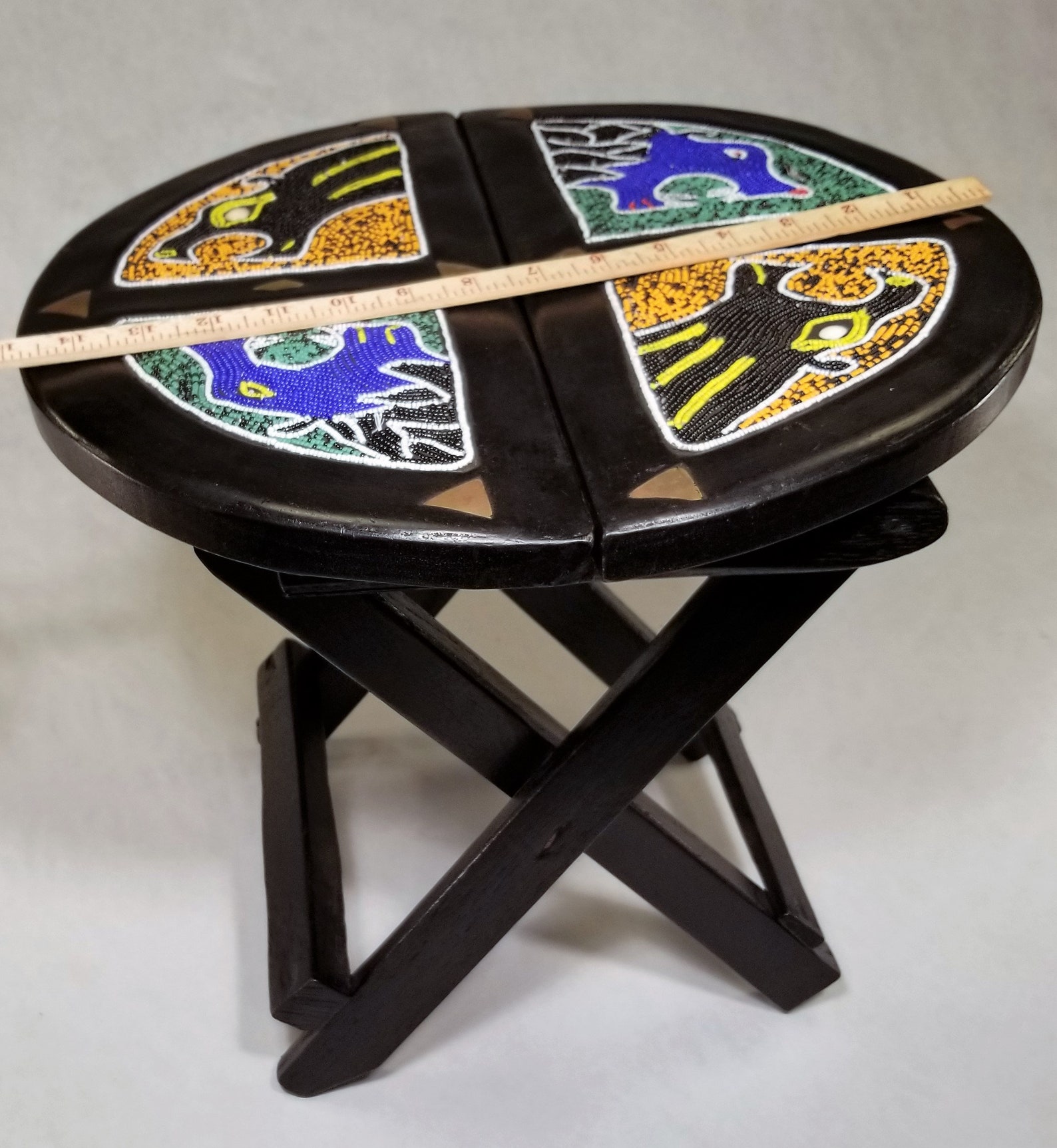 Folding Hand Beaded African Wood Table, Brushed Metal Accent, Mythical ...