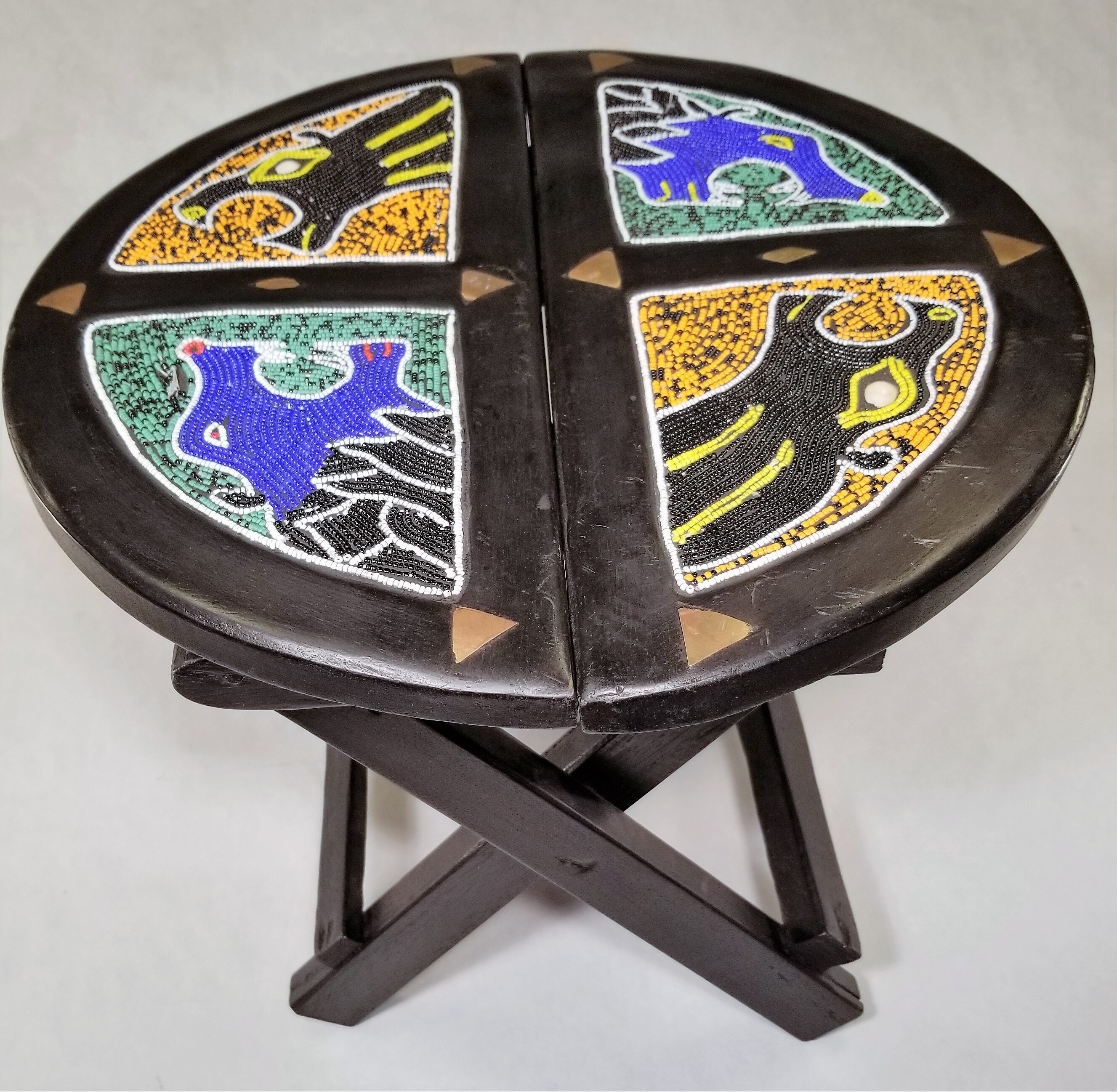 Folding Hand Beaded African Wood Table, Brushed Metal Accent, Mythical ...