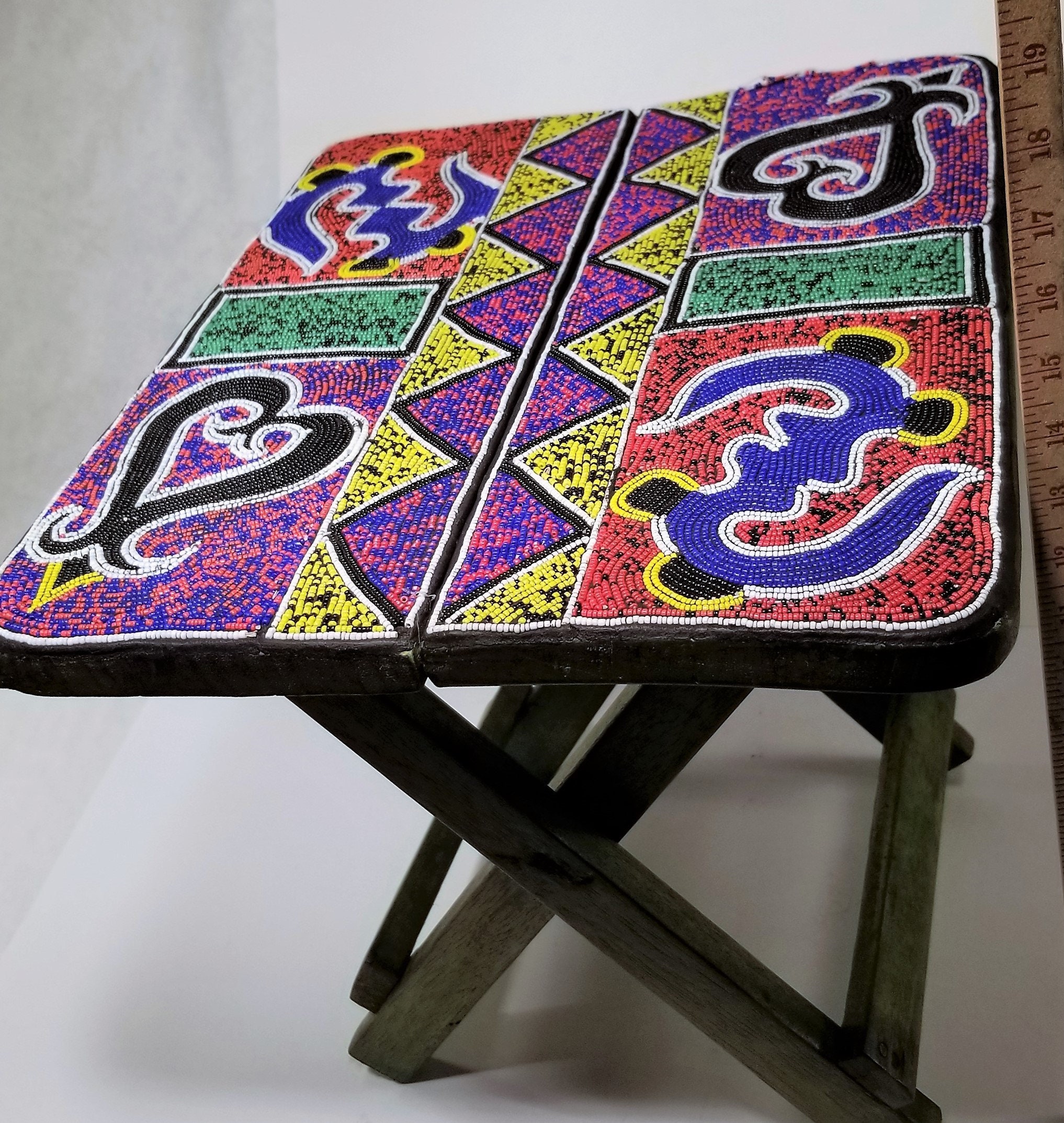 Folding Hand Beaded African Wood Table Adinkra Symbols Gye Nyame ...
