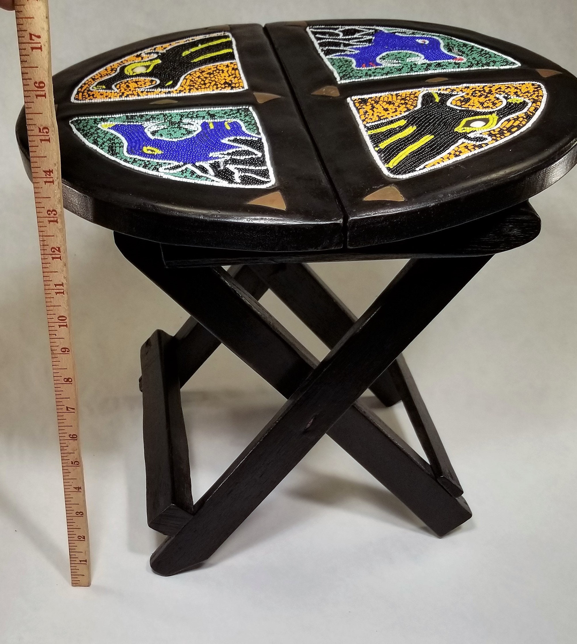 Folding Hand Beaded African Wood Table, Brushed Metal Accent, Mythical ...