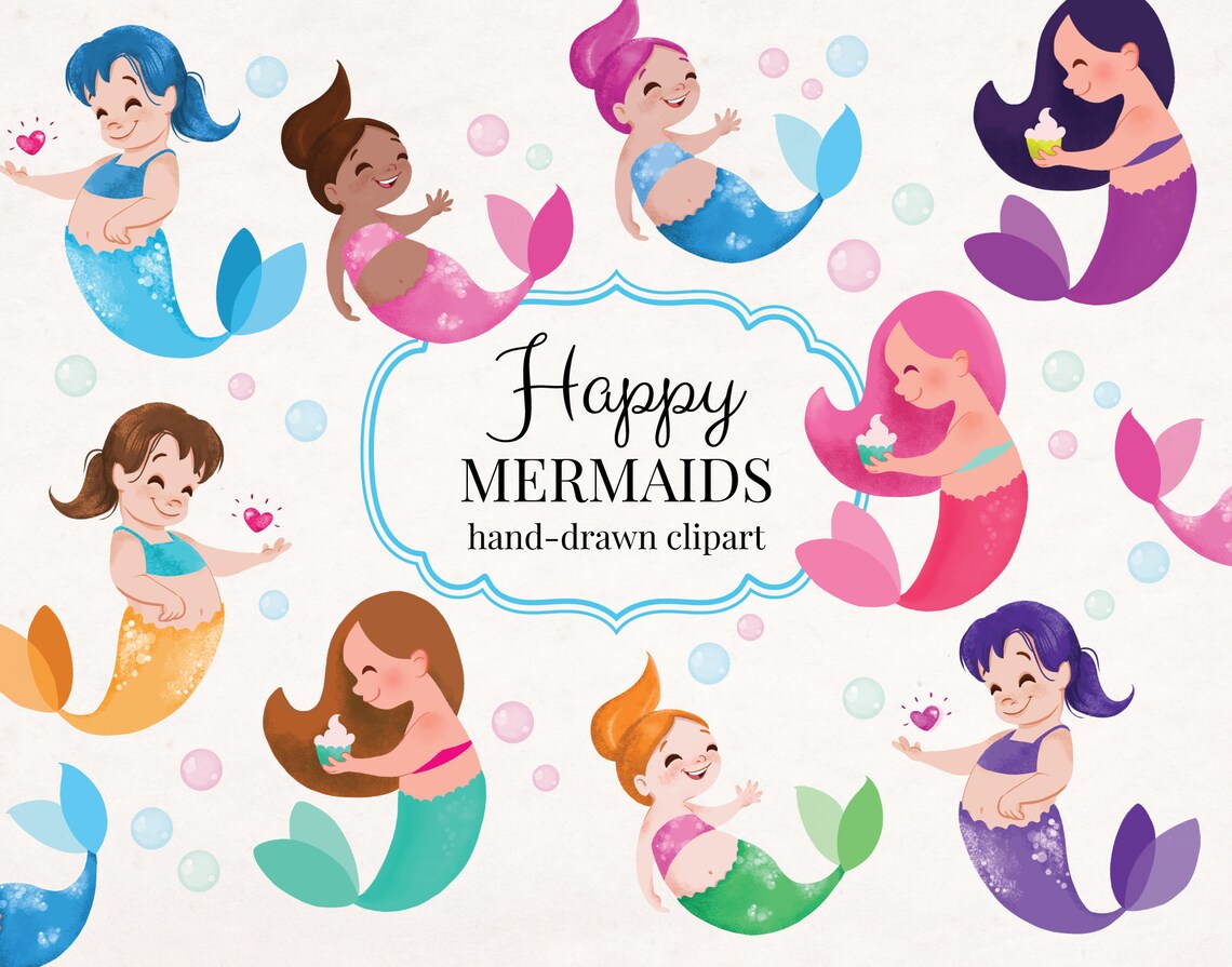 Happy Mermaids Clipart. Little Mermaids Clipart. Baby Mermaid. Mermaid ...