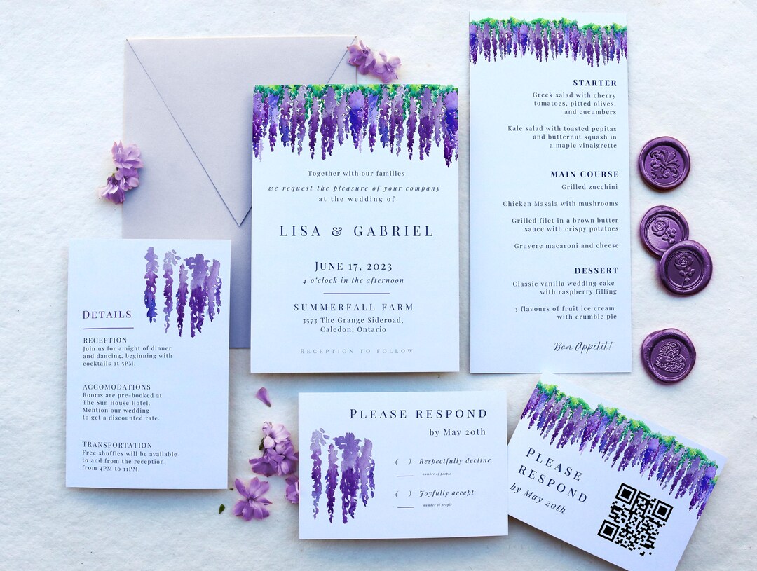 Wisteria Watercolour Wedding Invitation and Stationery Template | Canva ...