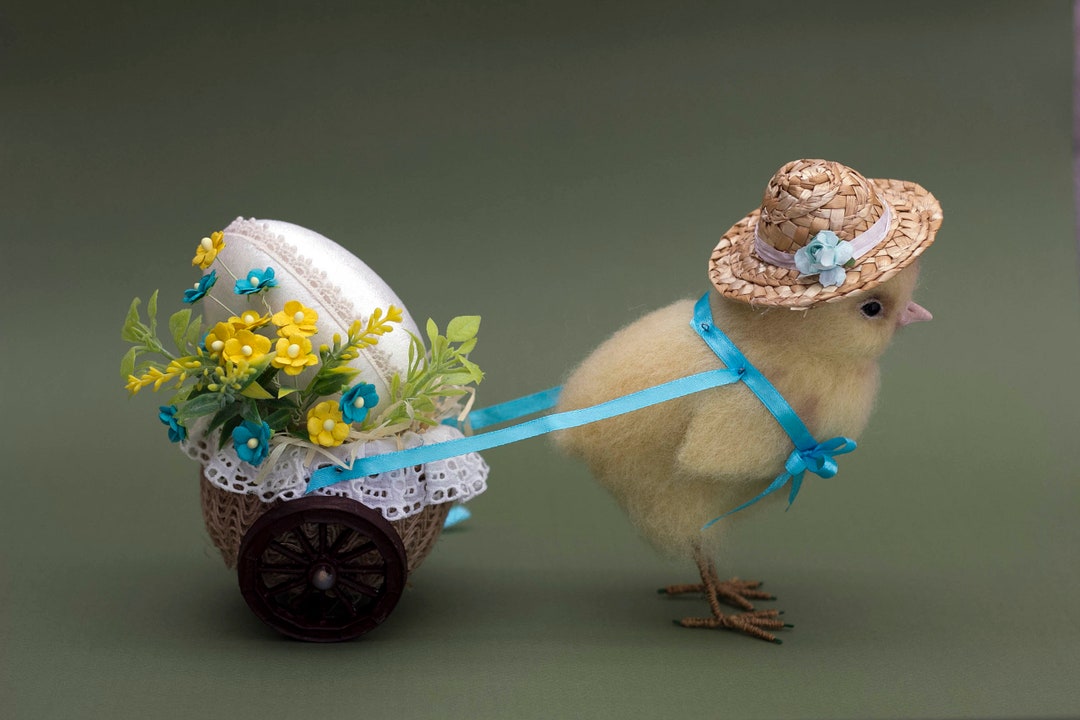 Felted Easter Chick Pulling a Cart With an Egg Yellow Chick and a ...