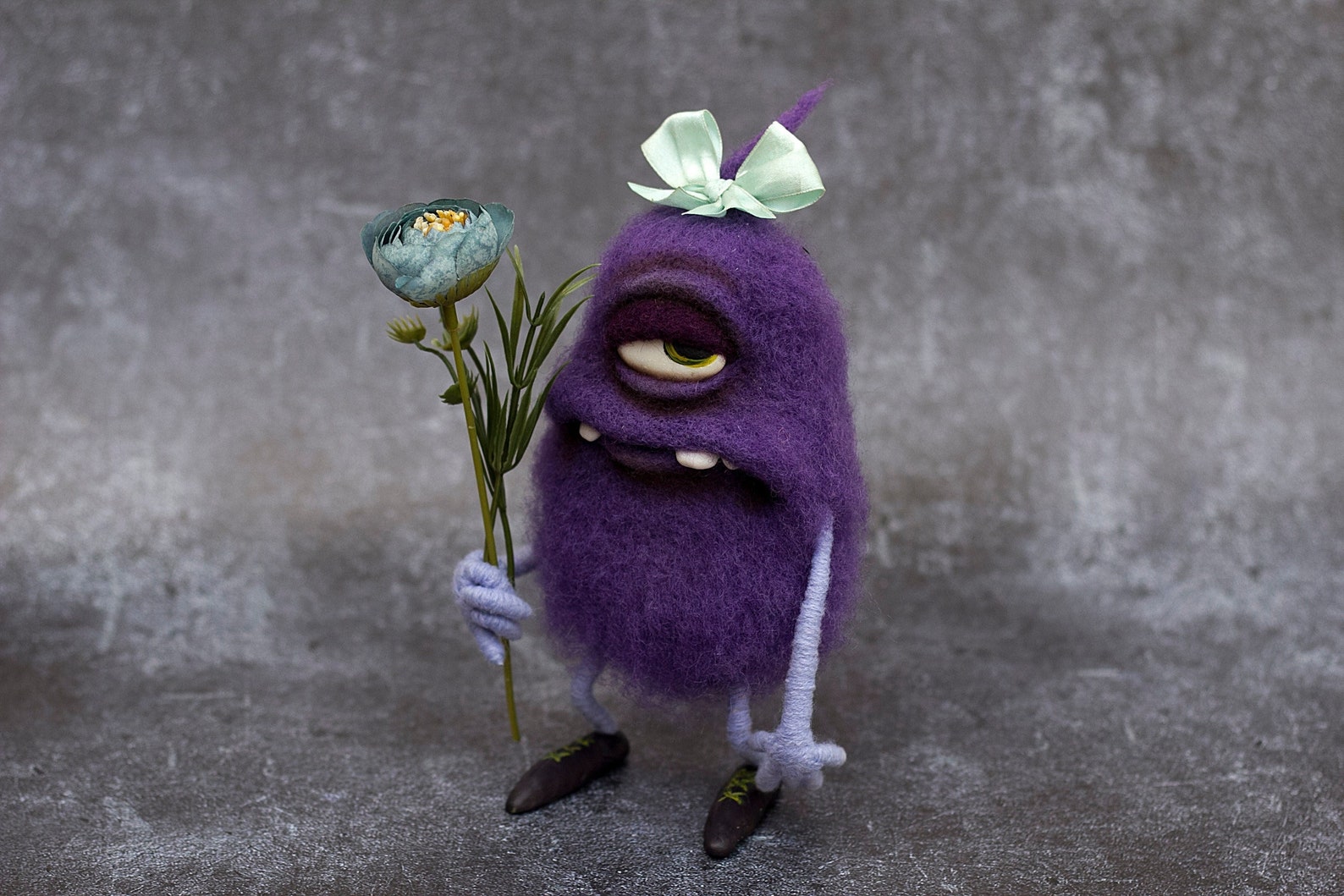 Needle Felted Monster Lovely Violet Girl Cyclops With a Flower Cute ...