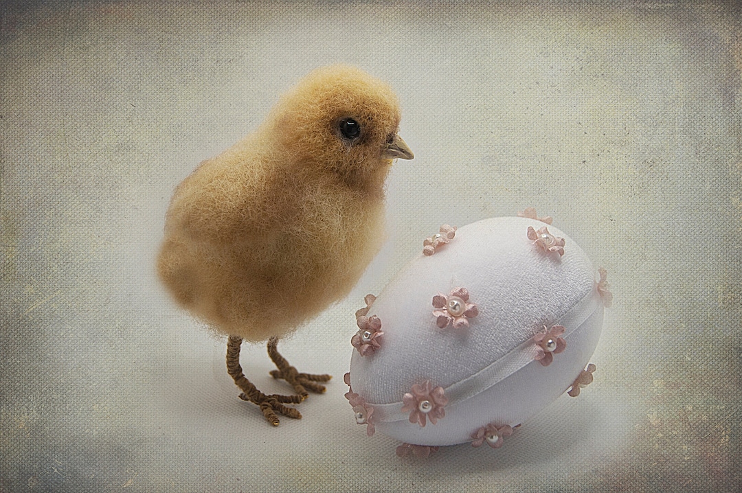 Cute Fluffy Chick With a Gift Easter Egg Realistic Yellow Needle Felted ...