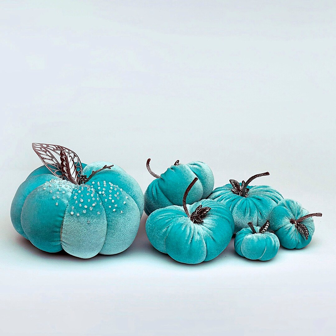 Set of 6 Turquoise Velvet Pumpkins ~ Handmade Fabric Pumpkin Ornaments ...