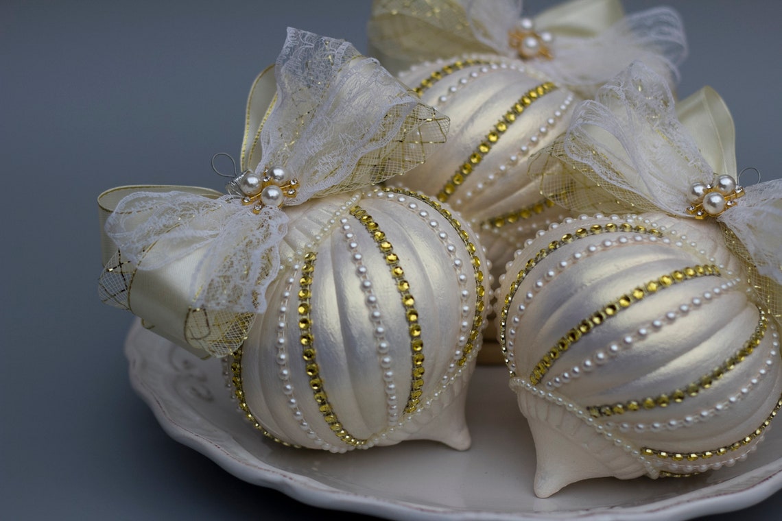 Cream & Ivory Christmas Tree Ornaments Handmade Nacreous X-mas - Etsy