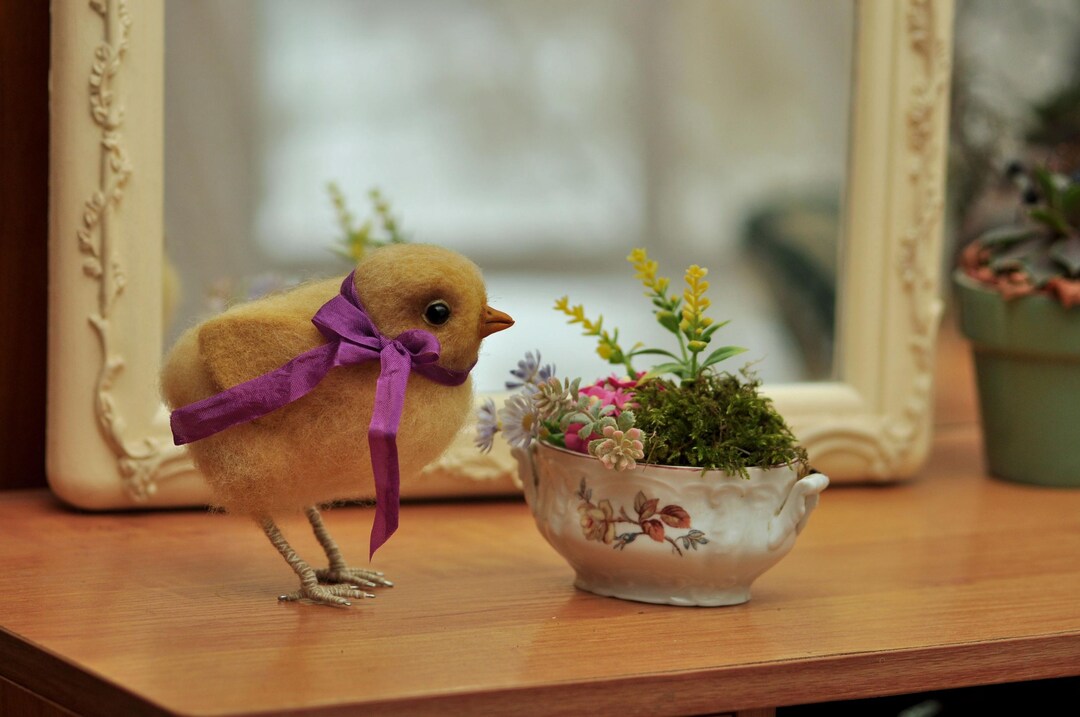 Cute Fluffy Chick With a Gift Easter Egg Realistic Yellow Needle Felted ...