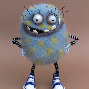 Needle Felted Monster Toothy Fluffy Toy Monster Light Blue Speckled ...