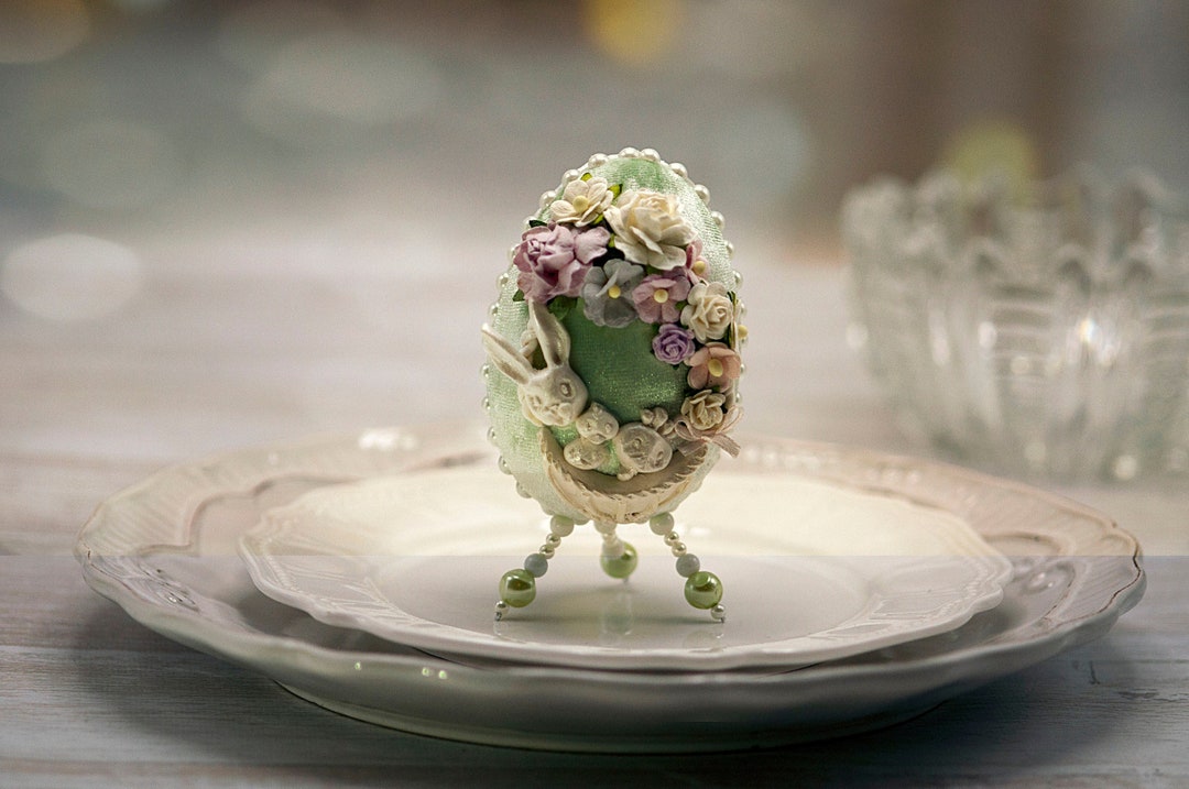 Big Light Green Velvet Easter Egg on a Stand Pastel Velvet Easter Egg ...