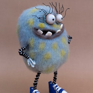Needle Felted Monster Toothy Fluffy Toy Monster Light Blue Speckled ...