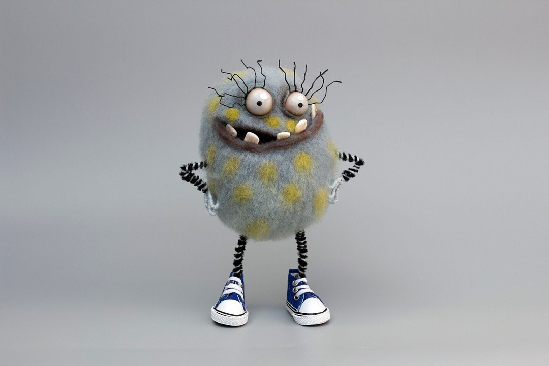 Needle Felted Monster Toothy Fluffy Toy Monster Light Blue Speckled ...