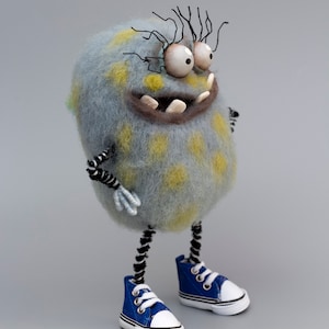 Needle Felted Monster Toothy Fluffy Toy Monster Light Blue Speckled ...
