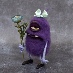 Needle Felted Monster Lovely Violet Girl Cyclops With a Flower Cute ...
