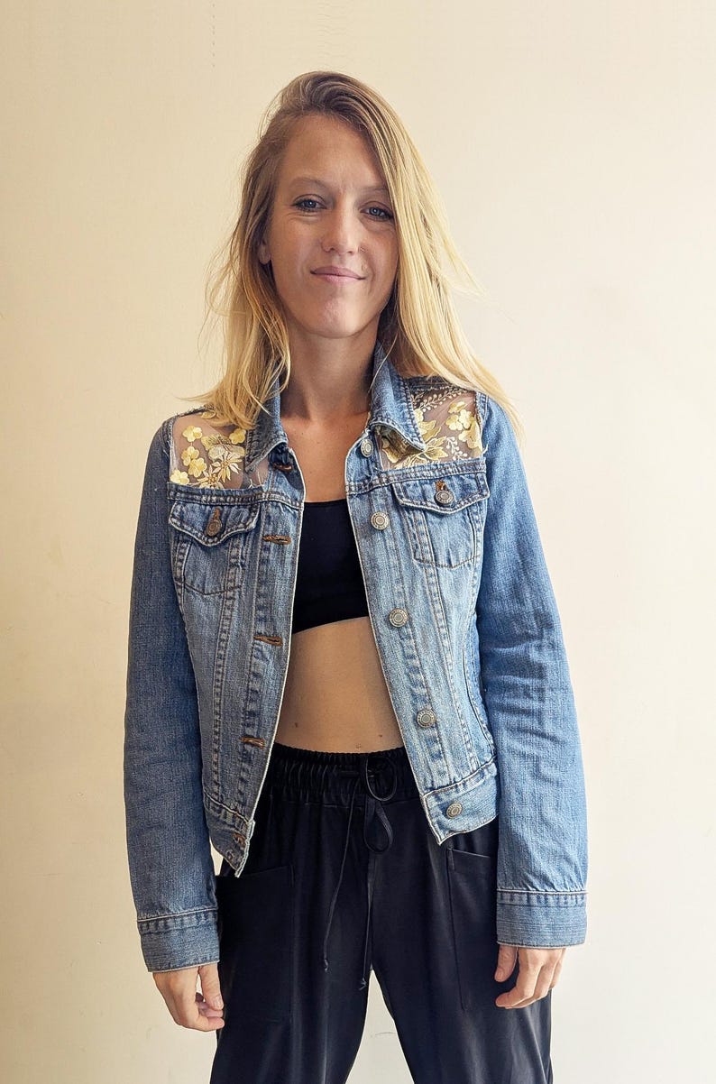 Tulle Boho Denim Jacket, Jeans Jacket With Lace Panel, Upcycled Jeans ...