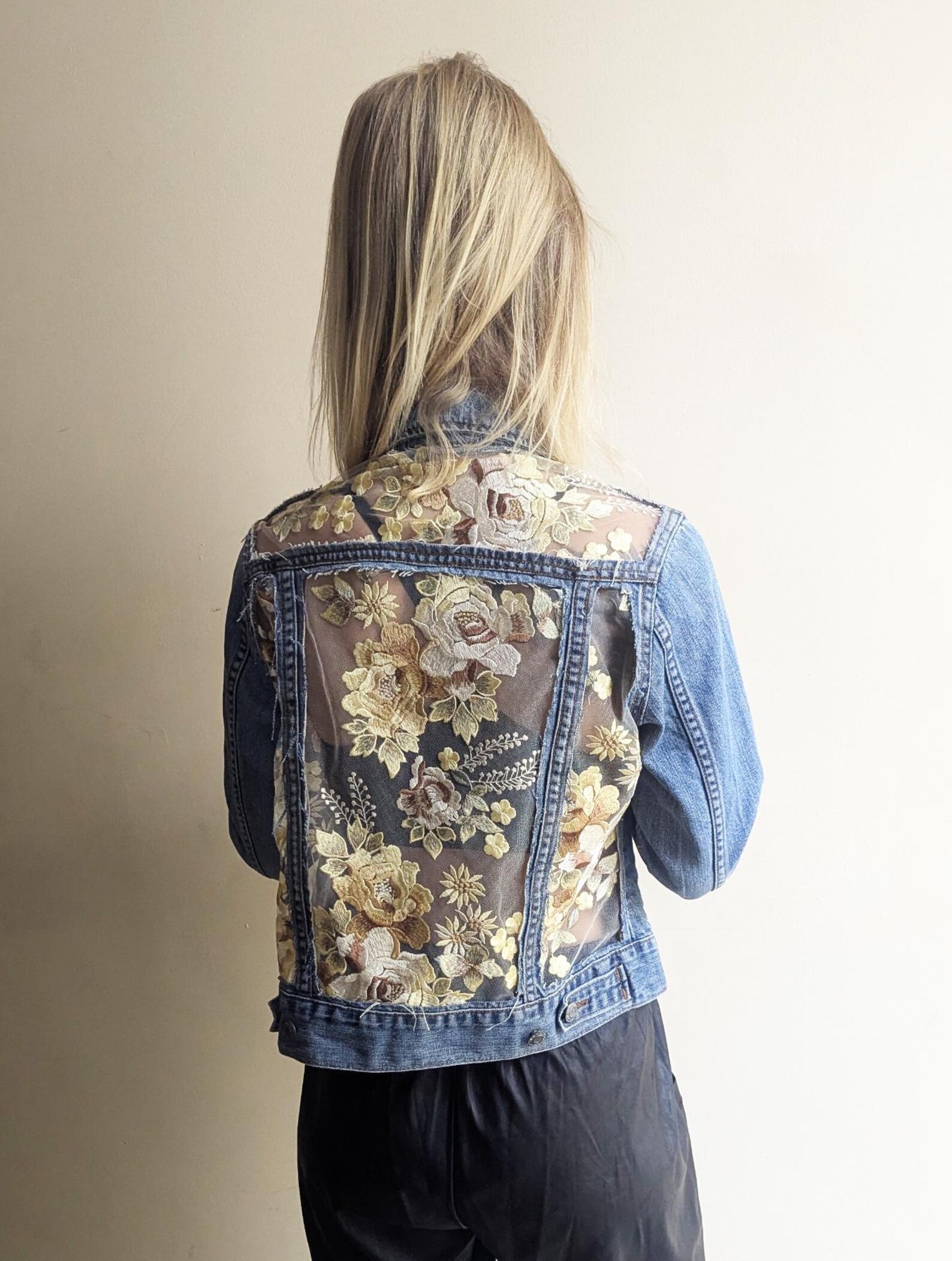 Tulle Boho Denim Jacket, Jeans Jacket With Lace Panel, Upcycled Jeans ...