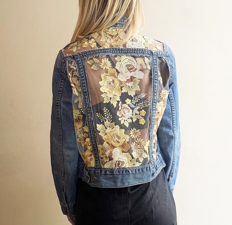 Tulle Boho Denim Jacket, Jeans Jacket With Lace Panel, Upcycled Jeans ...