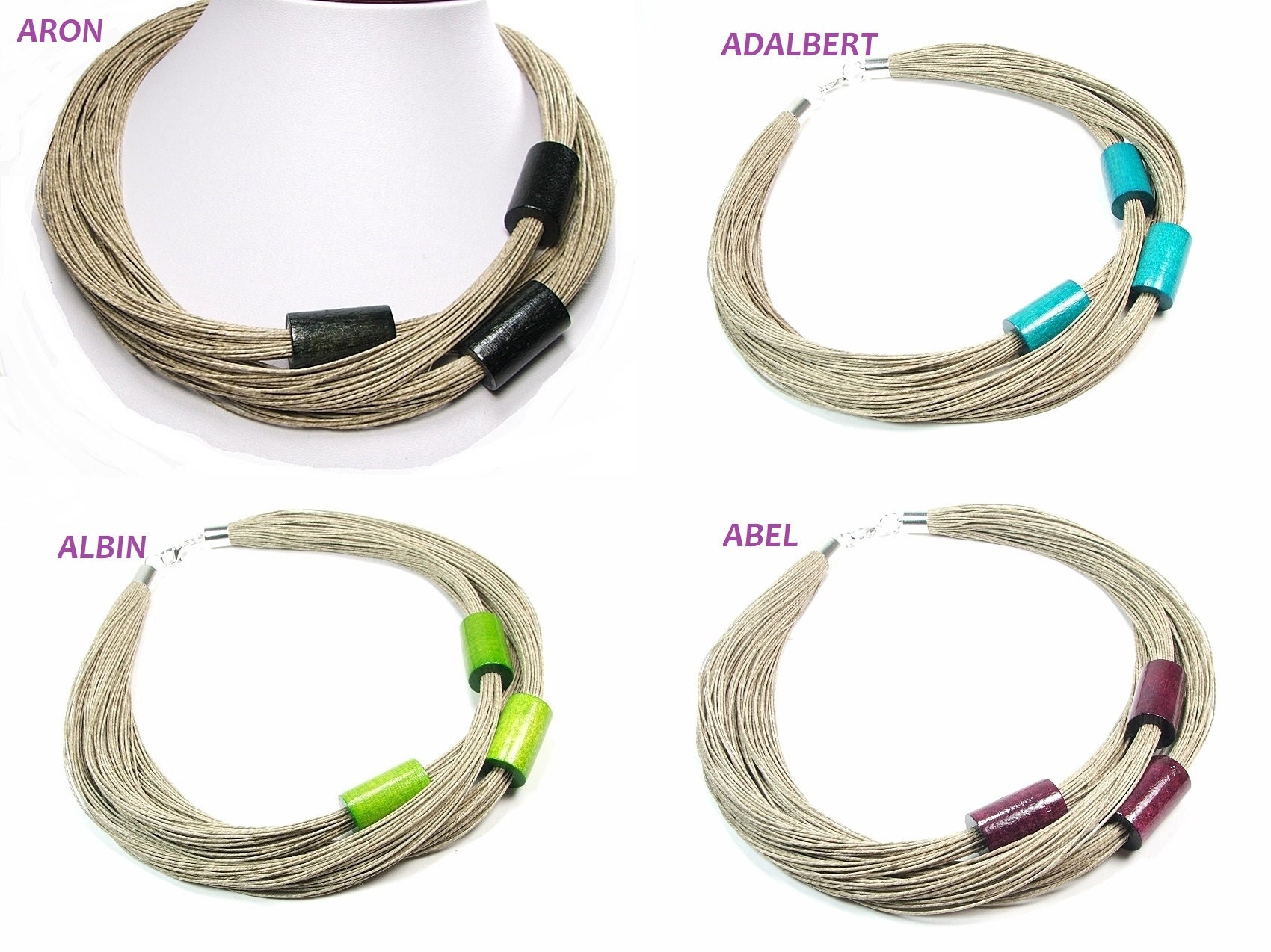Linen Cord Braided Necklace, Colorfull Wooden Necklace, Vegan Linen ...