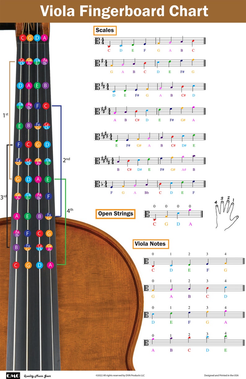 Viola Fingering Chart With Color-coded Notes, Viola Scales Techniques ...