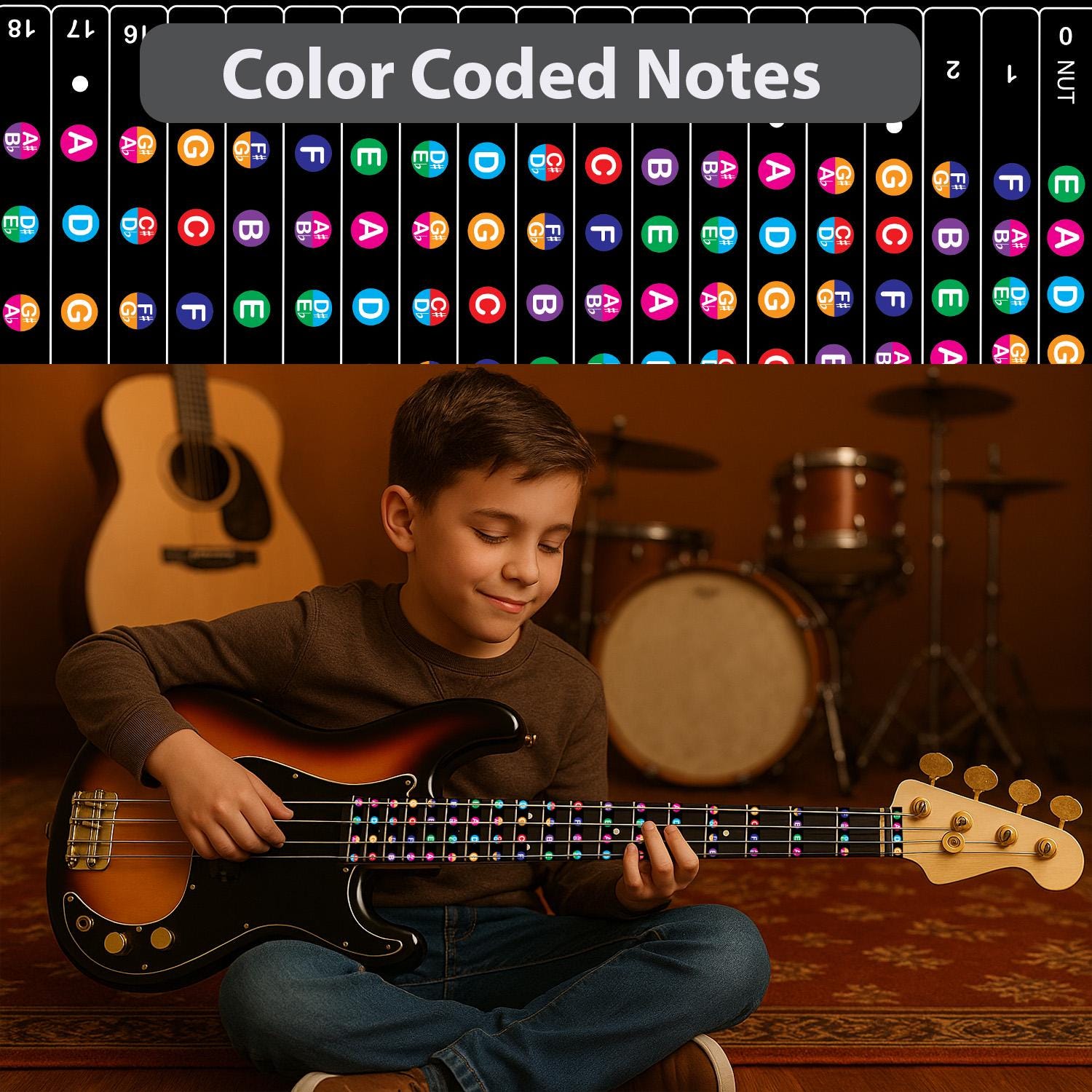 QMG Bass Fretboard Stickers, Color Coded Note Decals for 4-string Bass ...