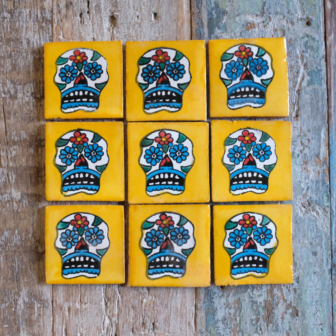 Mexican Tile Set of 9 SMALL Tiles 5cm X 5cm Skulls Yellow - Etsy