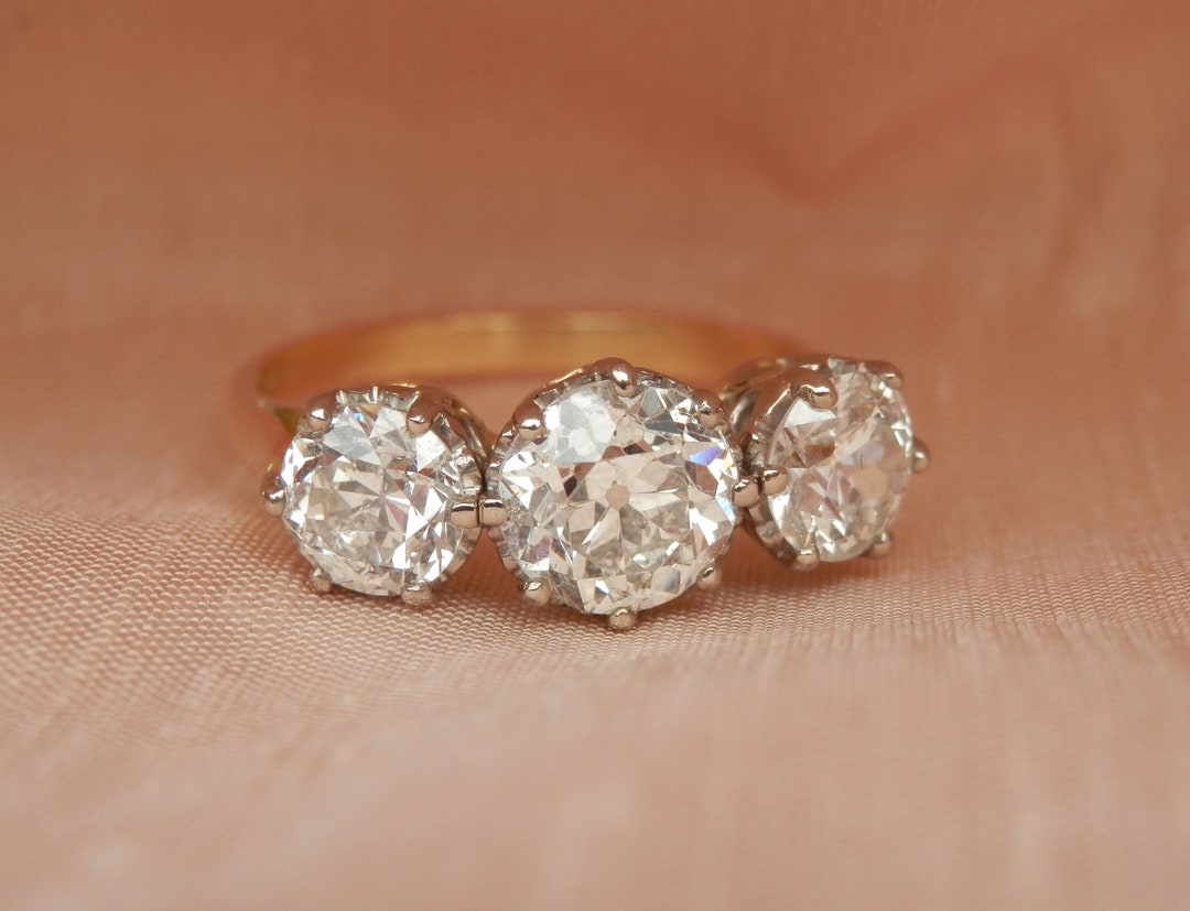 Mid Century Three Stone Diamond Ring, Independent Valuation, 2.56ct Old Cut Diamonds, Vintage ...