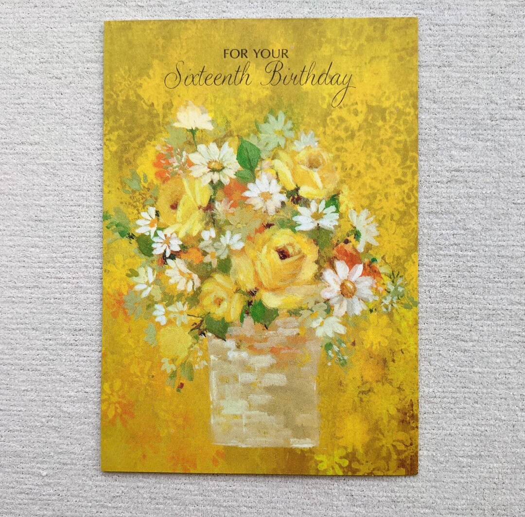 Unused Vintage Sweet SIXTEEN BIRTHDAY Greeting Card Retro Yellow Flower ...