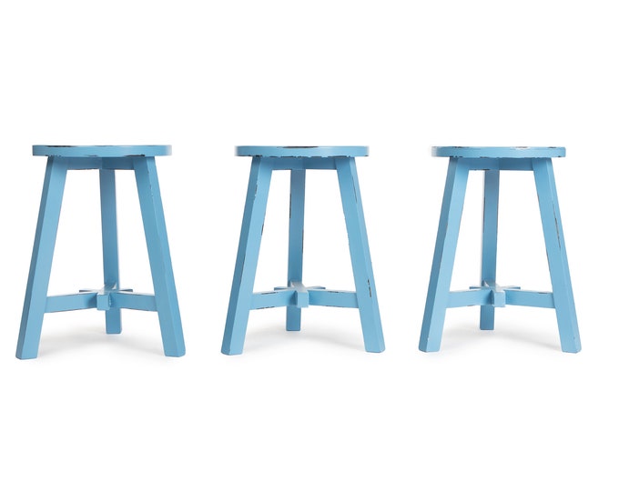 Blue Round Wooden Stool Newly Handmade From Old Elm Wood - Etsy