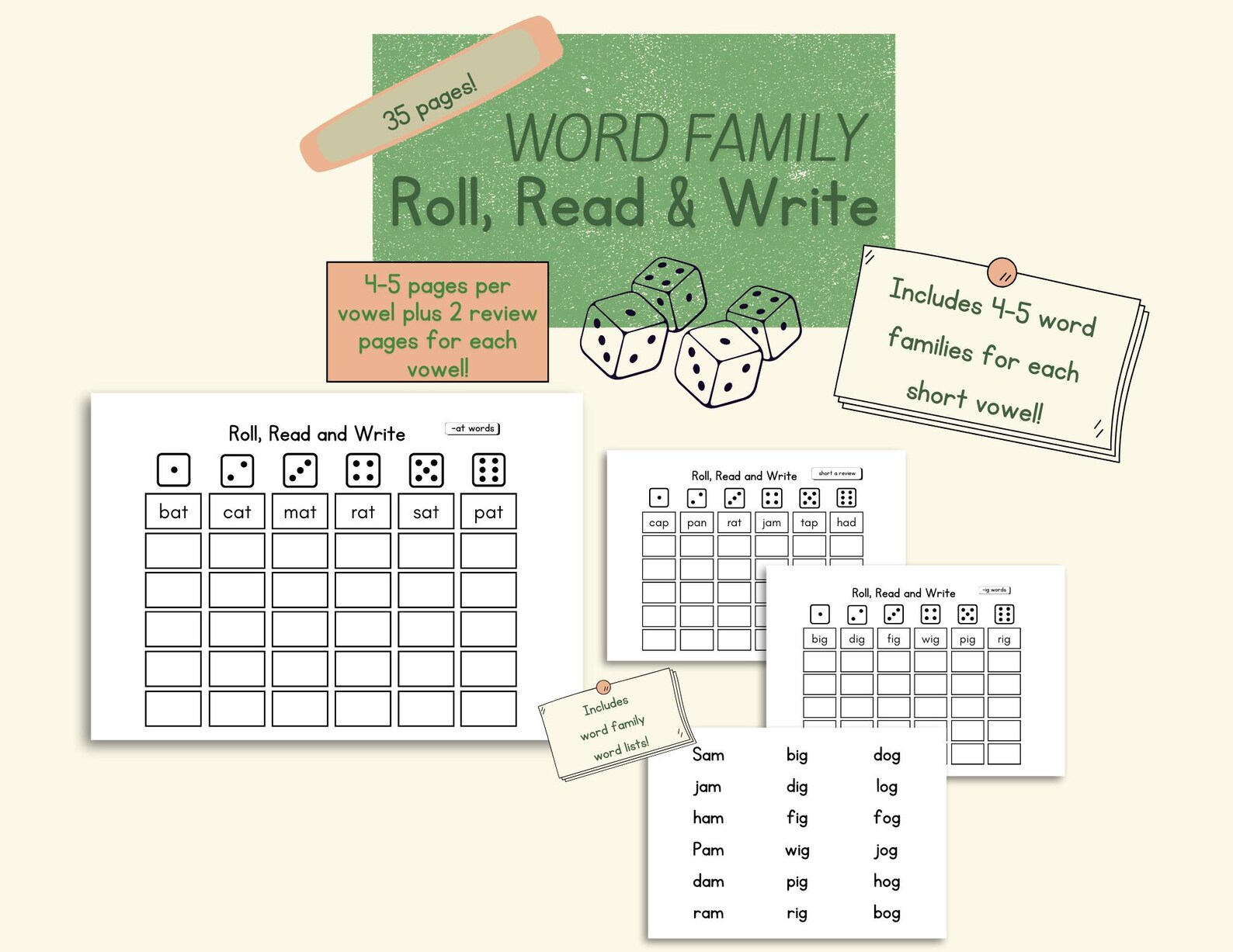 Word Family Roll and Write Activity - Short Vowel CVC Word Lists - Roll ...