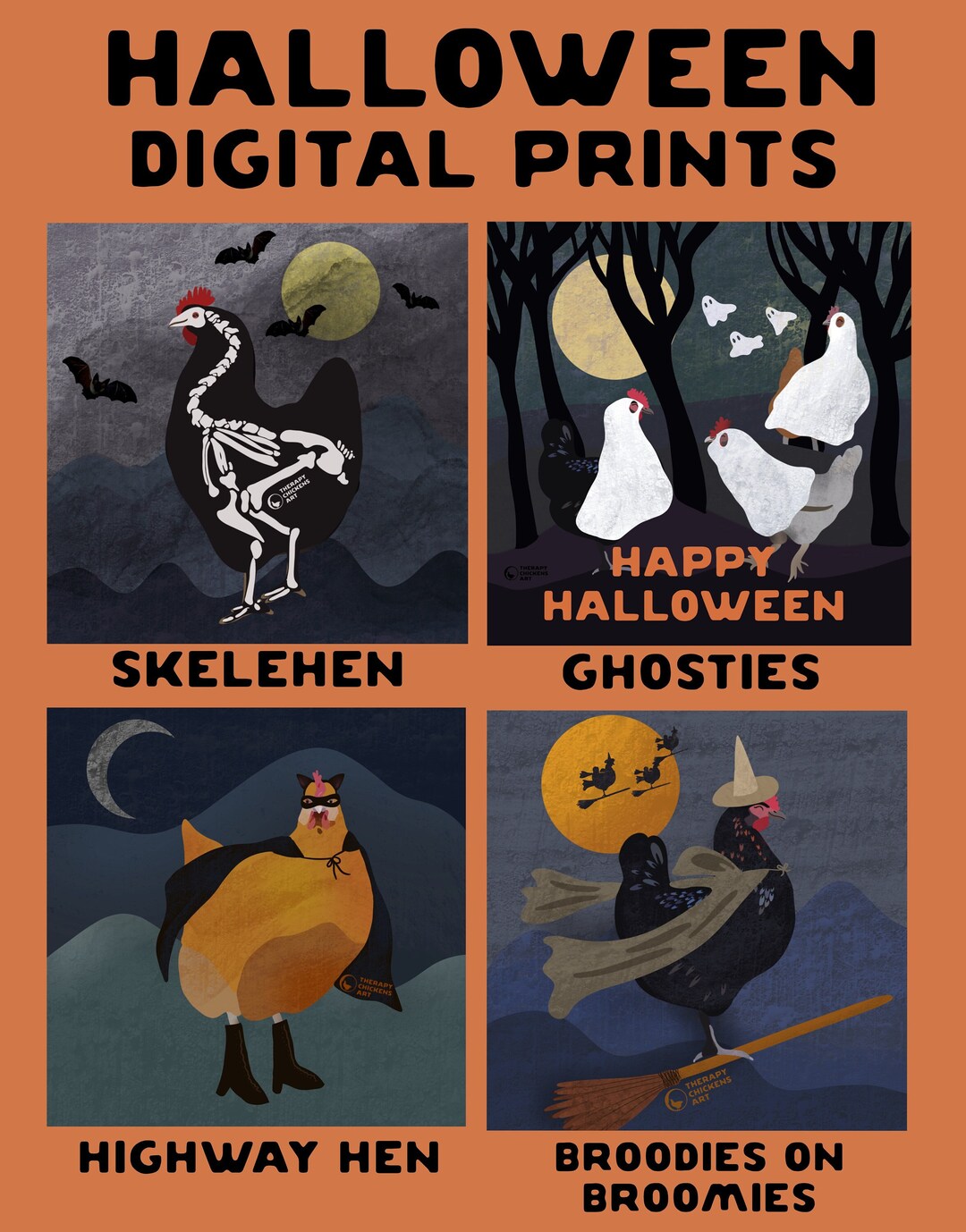 Halloween Hens - Digital Prints - Skeleton - Witch - Ghost - Spooky ...
