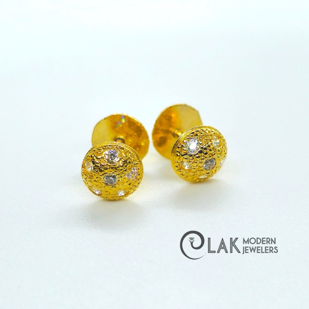 22k Solid Gold White Semi-sphere Earrings. Anniversary Gift, for ...