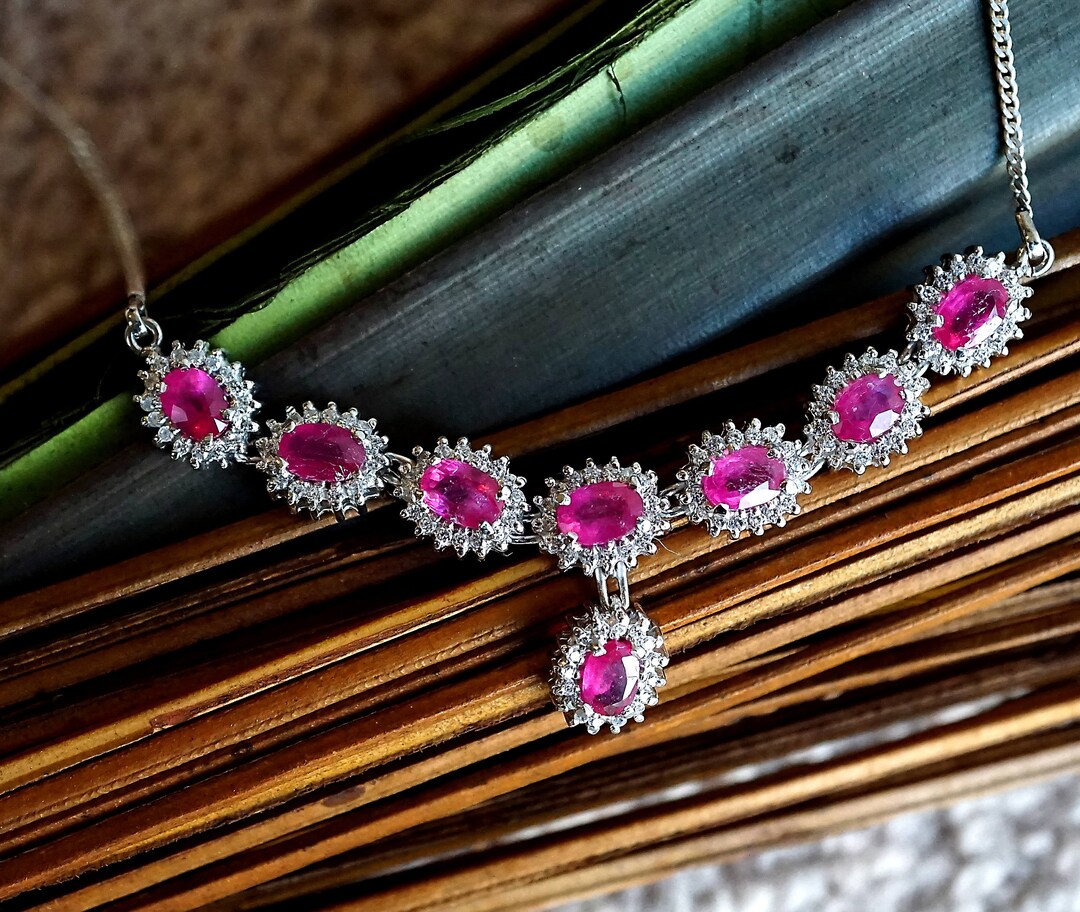 Glass Filled Natural Ruby Hand Made Sterling Silver Cluster Necklace ...
