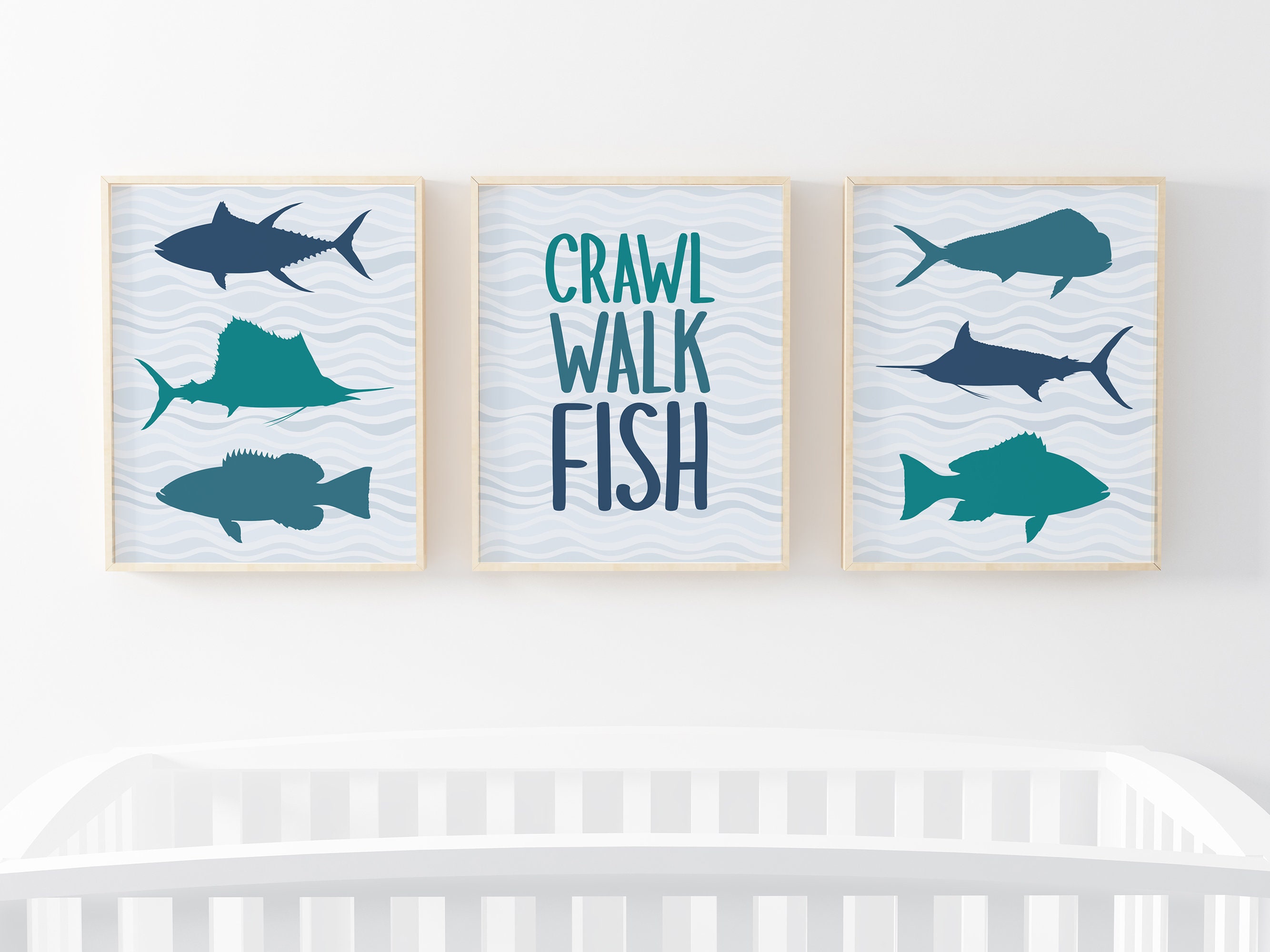 Fishing Nursery Decor, Set of 3 Prints, Saltwater Fish Wall Art, Crawl ...