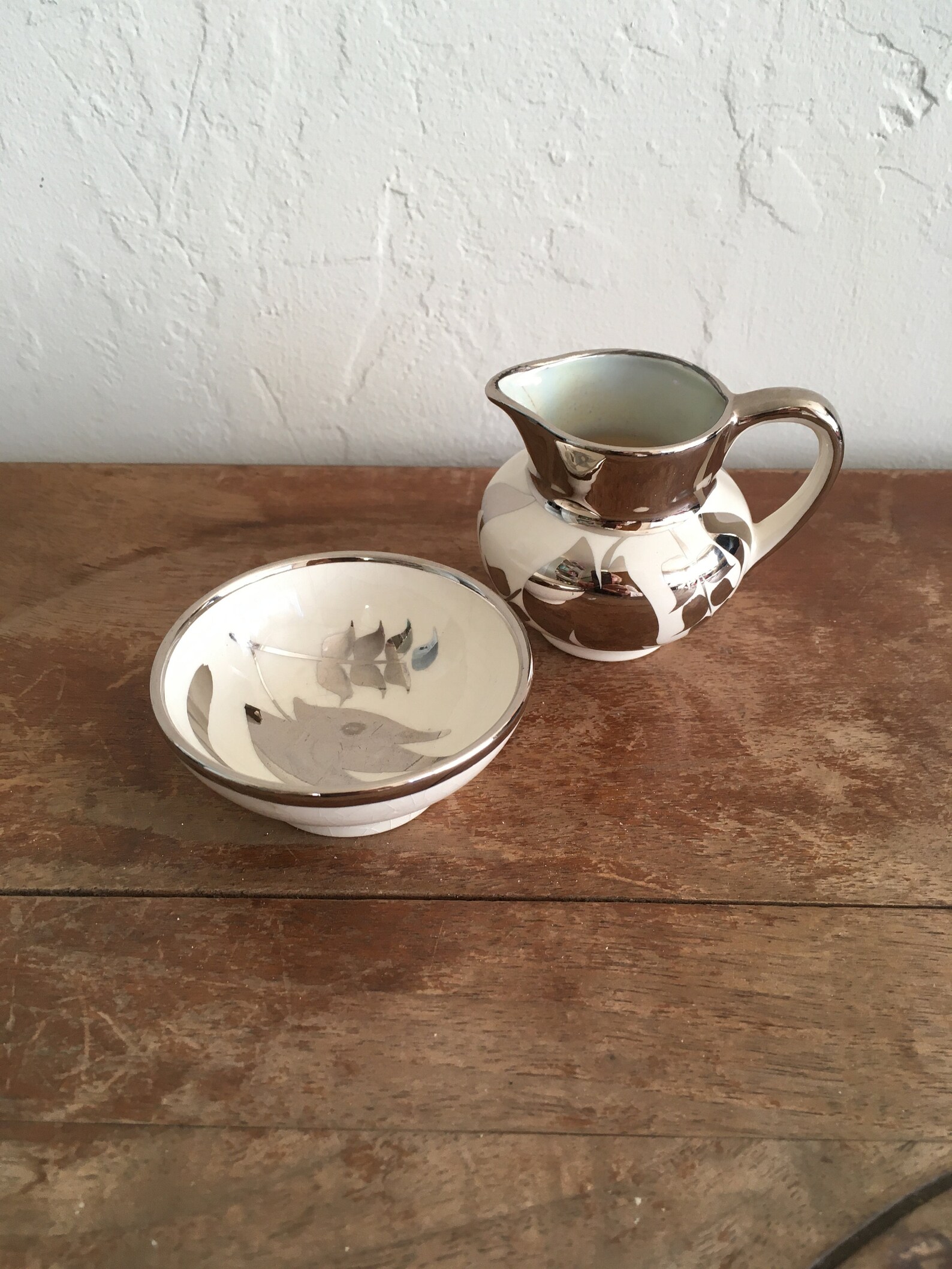 Miniature Sandland Ware Vintage Creamer and Sugar, Silver Lustre Leaf ...