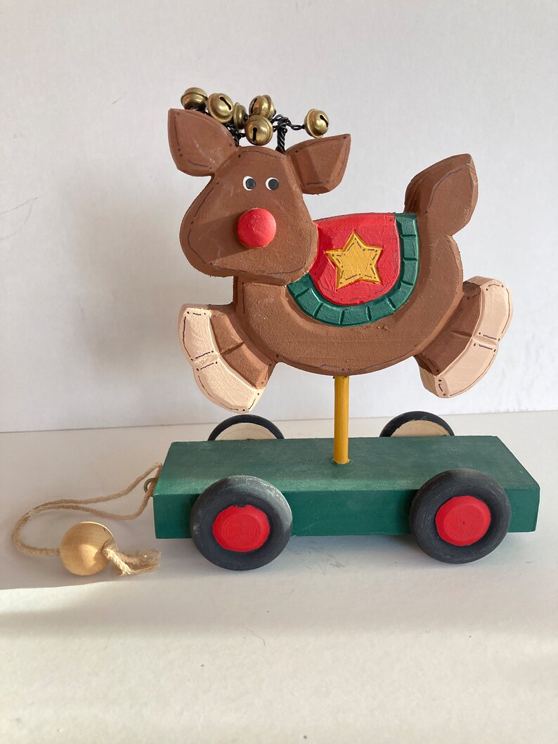 Vintage Painted Wood Reindeer Pull Toy Ornaments - Set of 3 - Etsy