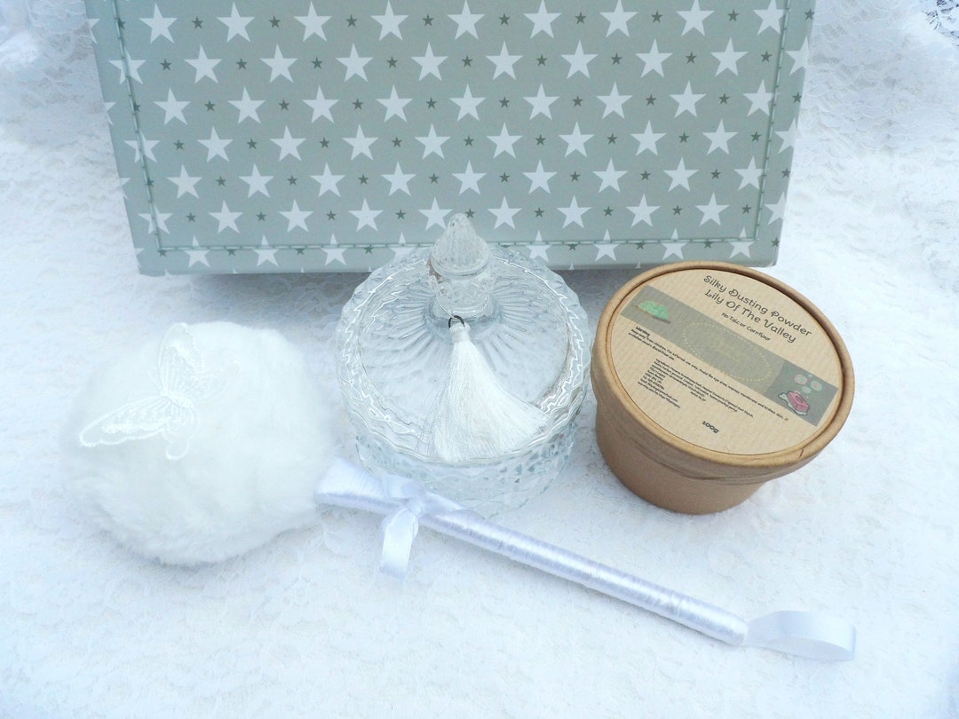 White Mini Wand Powder Puff Boudoir Suitcase Gift Box. Glass Lidded ...