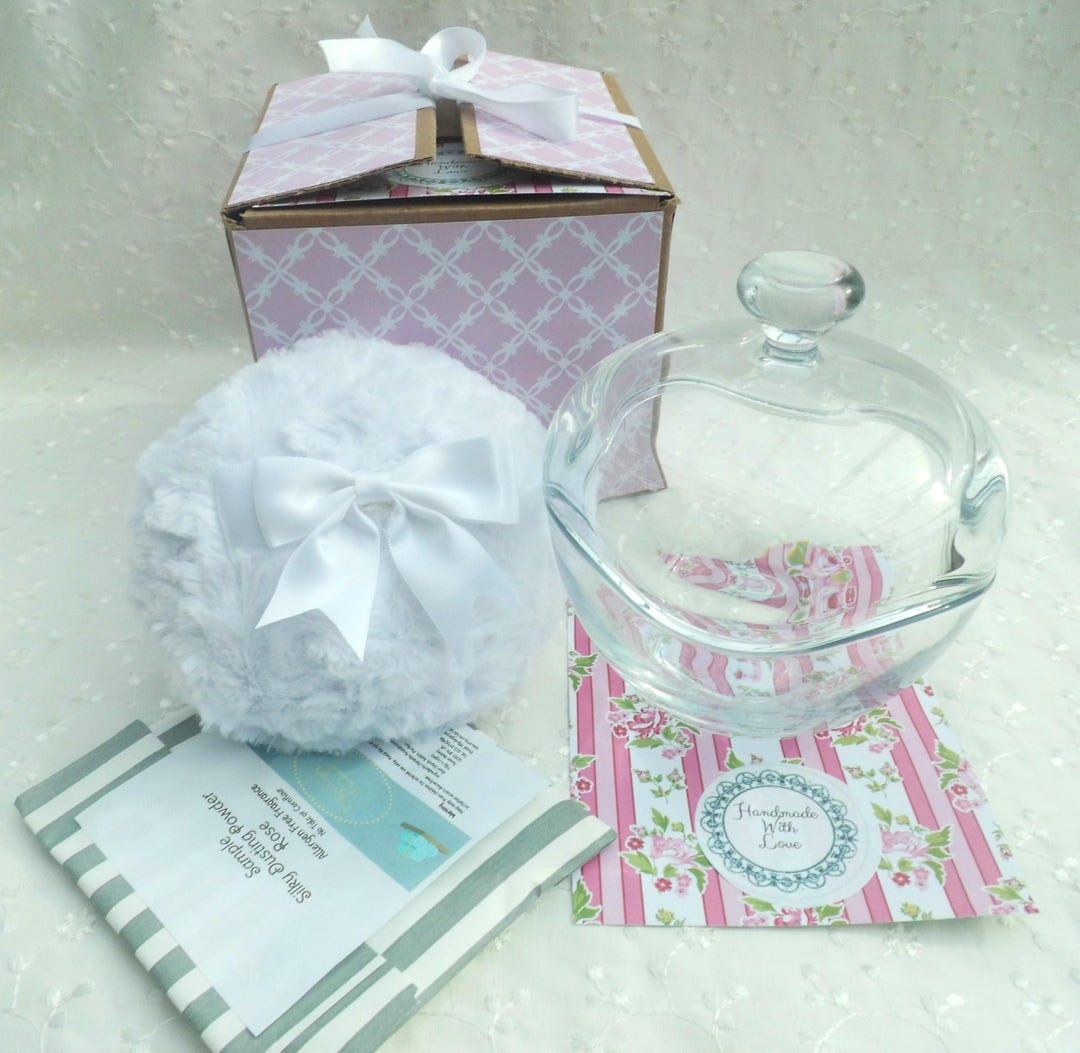 Large Boudoir Gift Box. White Powder Puff and Lidded Glass Powder Jar ...