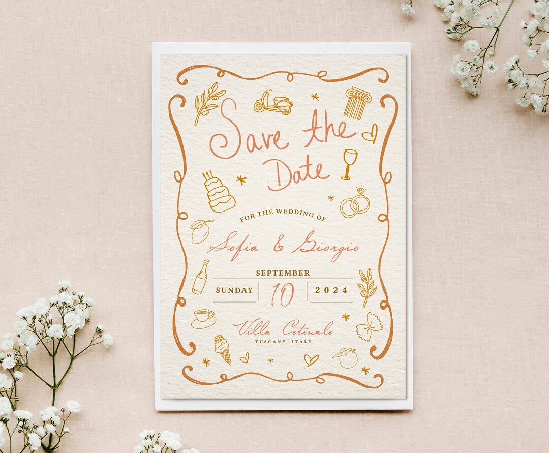 Italian Themed Hand Drawn Save the Date Invite, Italy Themed Invite ...